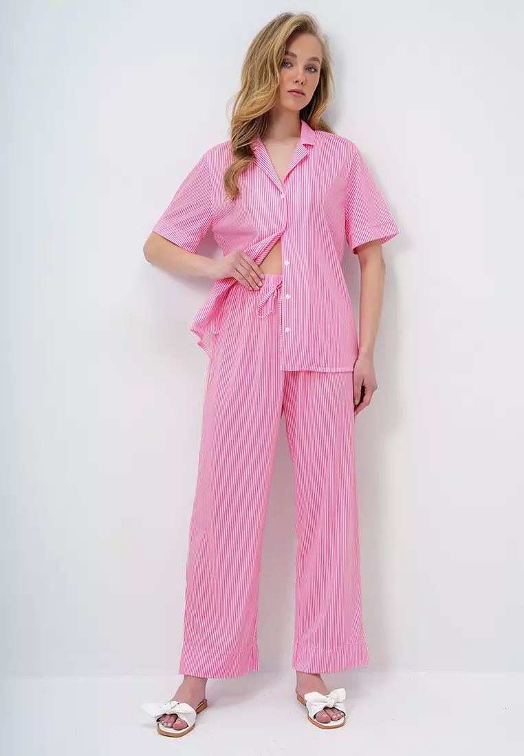 Buy Alacati Women's Fuchsia Double Sleeve And Leg Detailed Striped ...