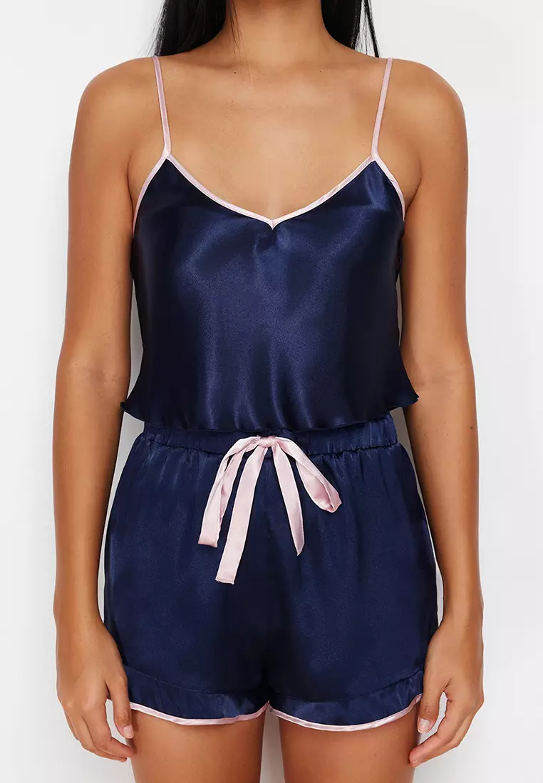 Jual Trendyol Navy Blue Piping and Tie Detailed Rope Strap Satin Pajama ...