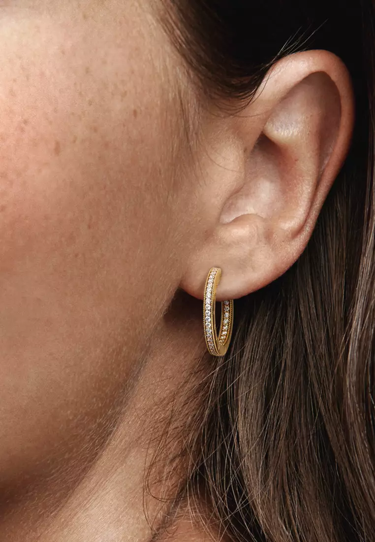 Buy Pandora Pandora Signature 14K Gold Plated Logo & Pavé Hoop Earrings ...