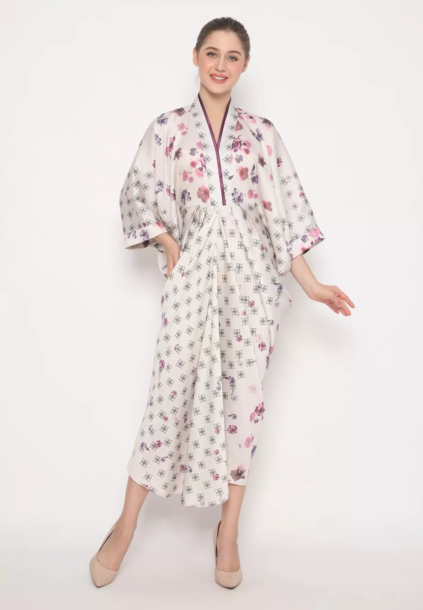Jual Kimore Studio KIMORE - Kaftan V-Neck -Floral White-Pink Original ...
