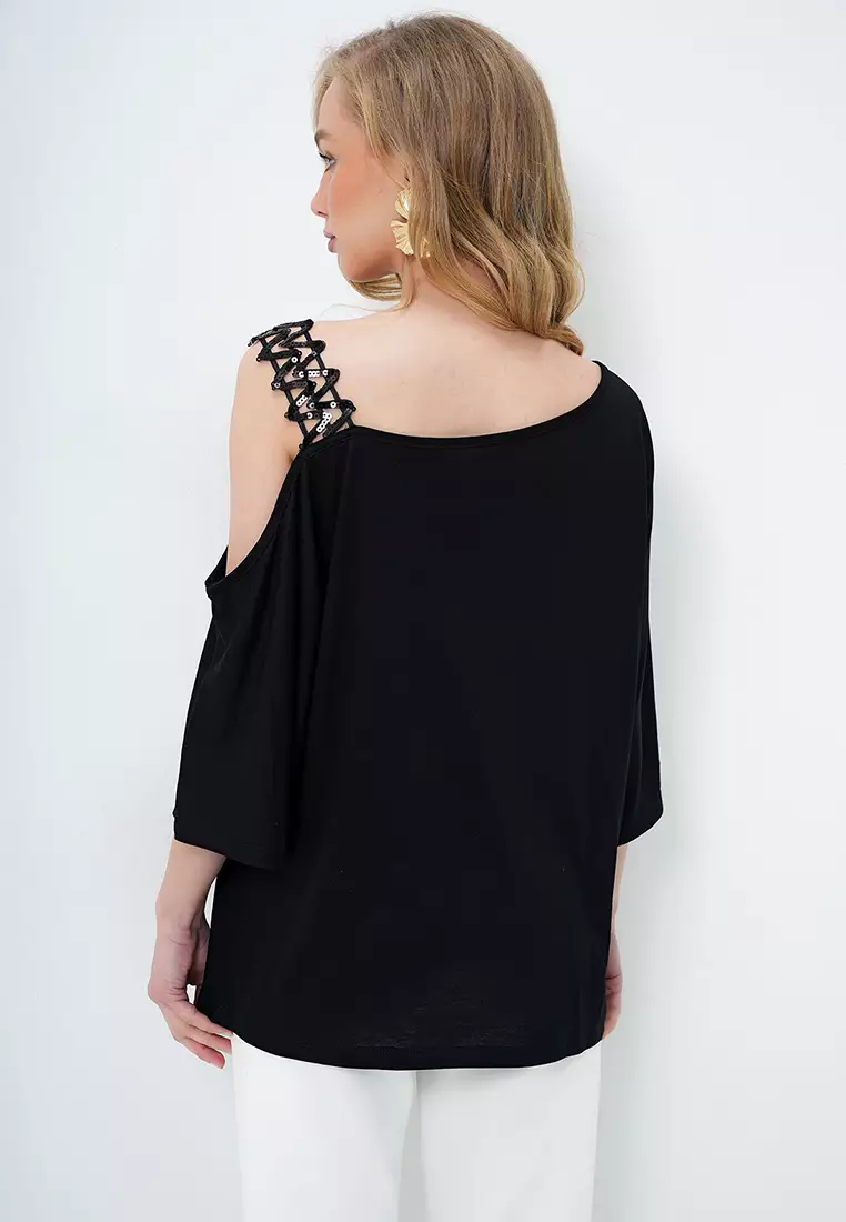 Buy Alacati Women's Black Boat Neck One Shoulder Sequin Banded Blouse ...