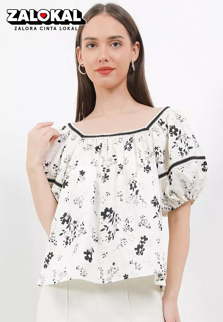 Jual Chic Simple Puff Sleeve Crochet Lace Trimmed Printed Eyelet Blouse