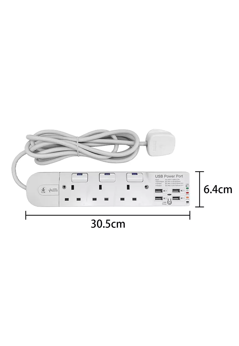 FYM White 3X13A LED Switched+4USB-A Max 4.2A Time Control 2H/4H Surge ...