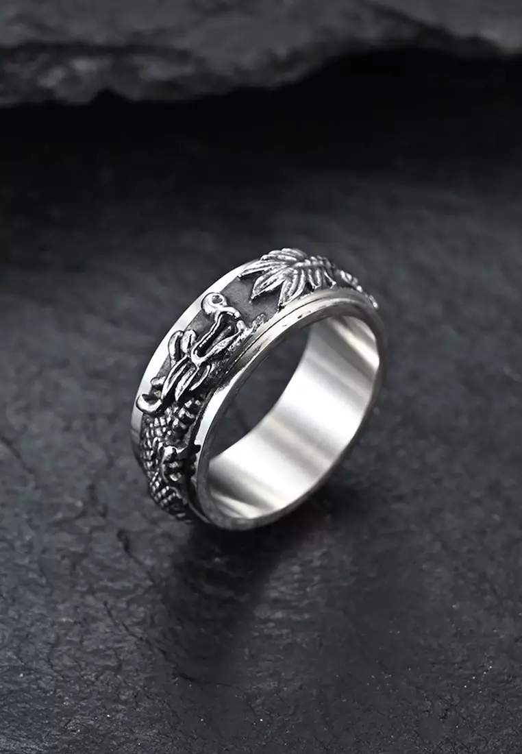Buy HAPPY FRIDAYS Titanium Steel Rotatable Design Bold Dragon Bold Ring ...
