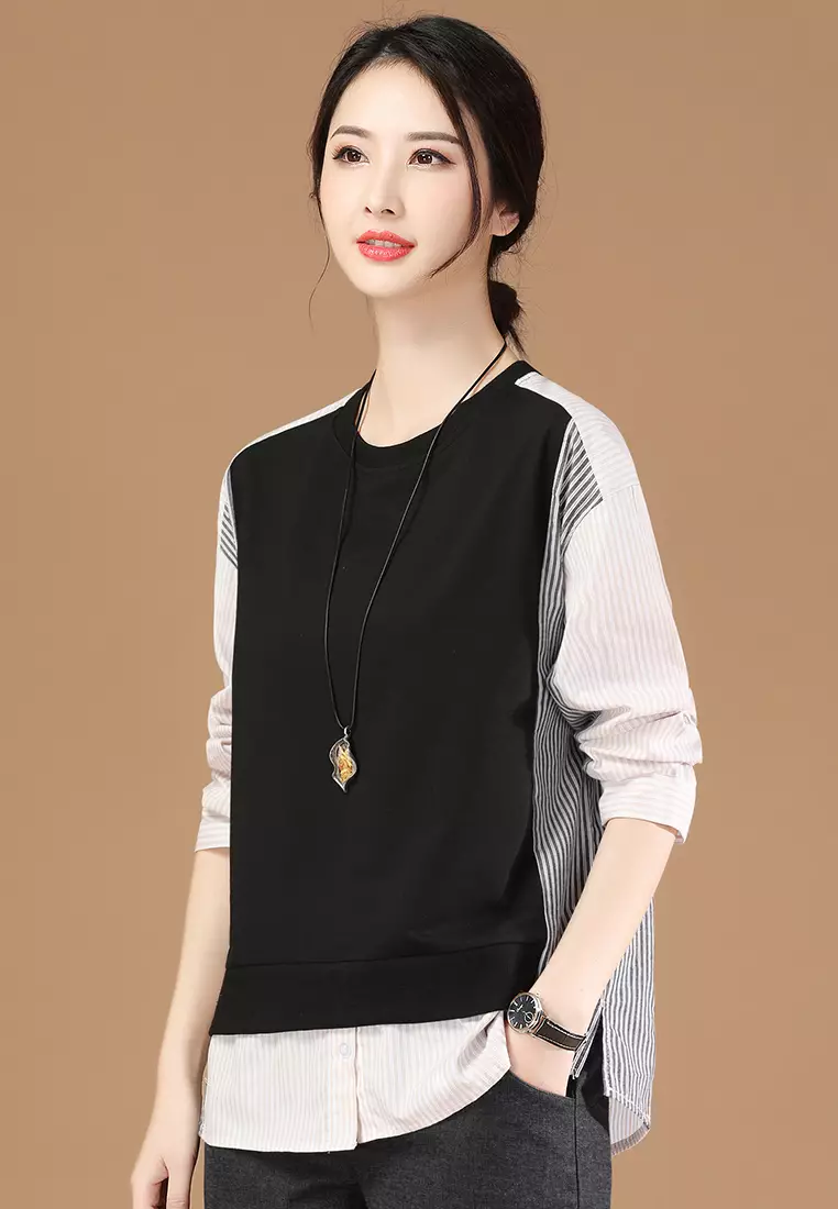 Buy A-IN GIRLS Two-Layers Color Contrast Stitching Round Neck T-Shirts ...