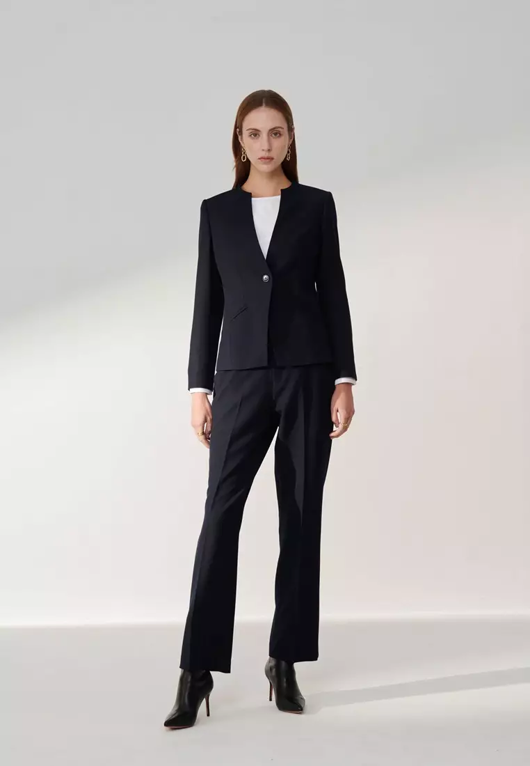 Buy SST&C Navy Twill Textured Collarless Suit 2025 Online | ZALORA