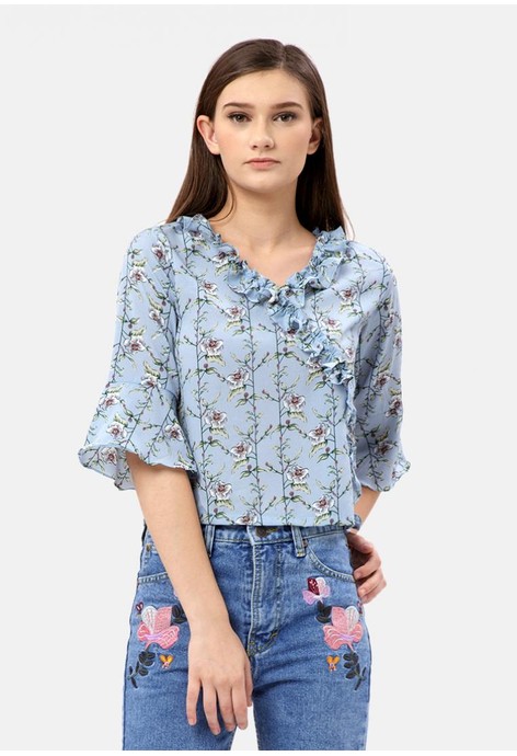 HEMAT Frill Flower Pattern Blouse in Light Blue