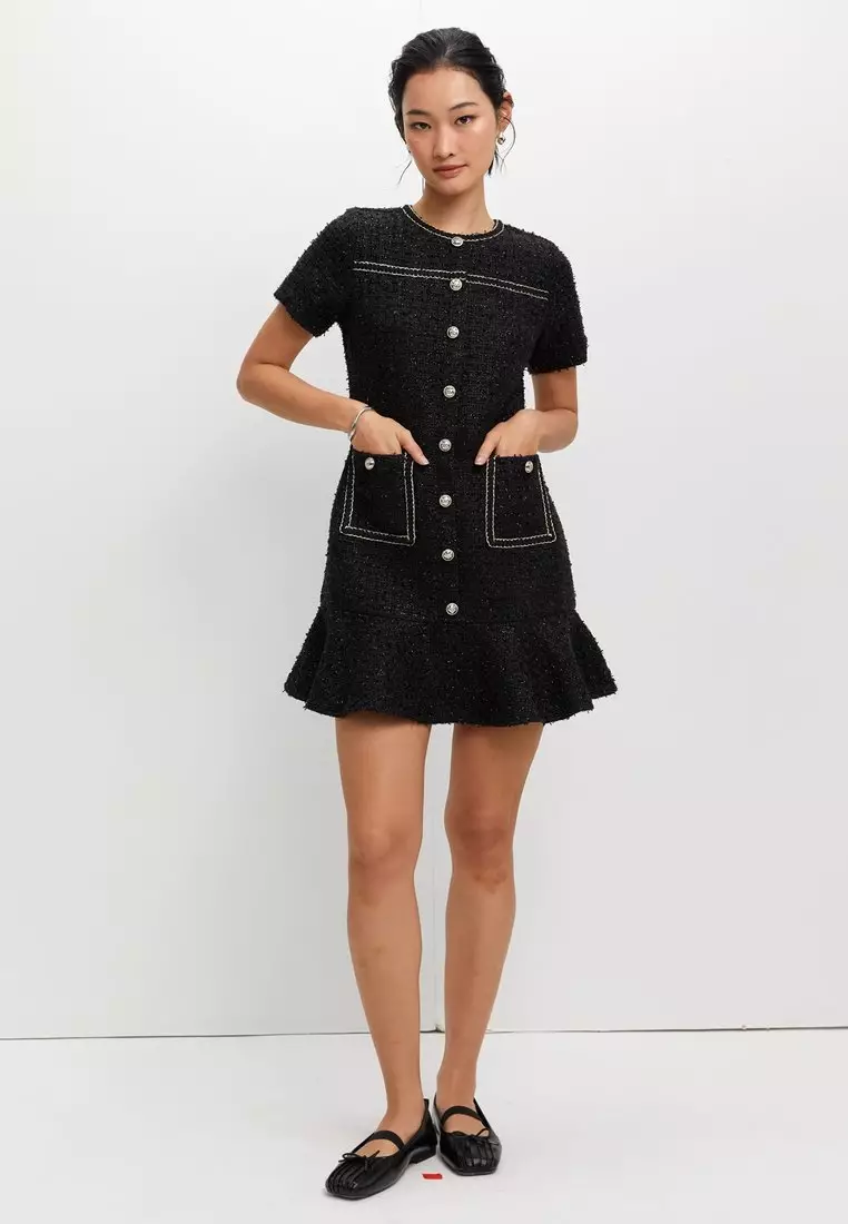 Buy Pomelo Flared Tweed Dress - Black Online | ZALORA Malaysia