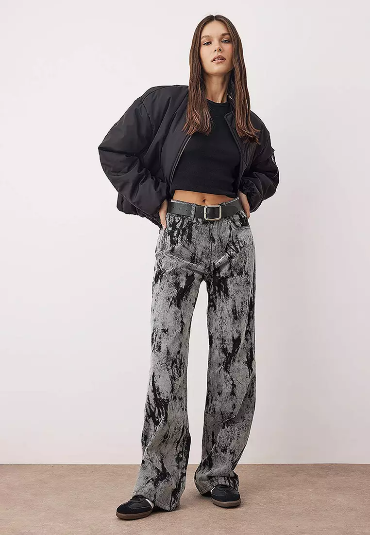 Buy Trendyol Suede Look Flock Printed High Waist Wide Leg Jeans 2026 ...