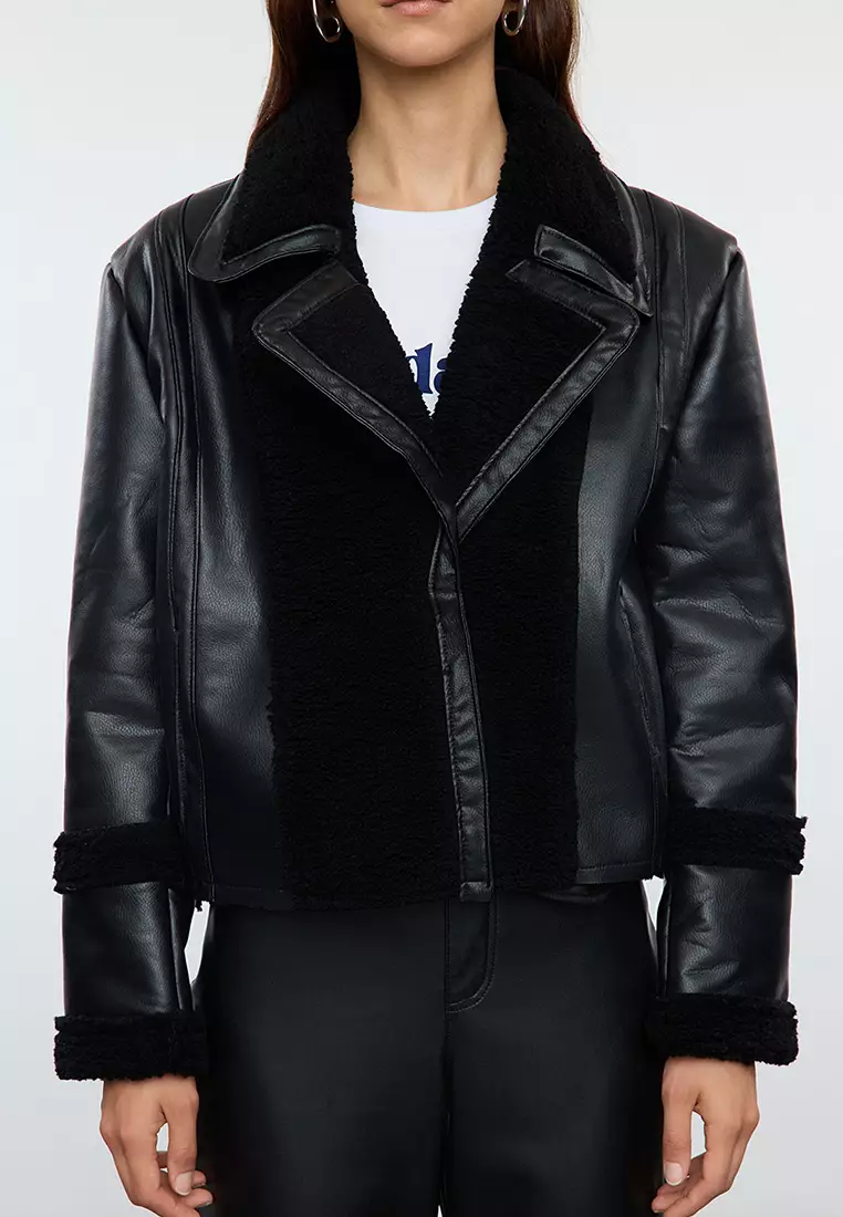 Buy Trendyol Black Regular Fit Plush Detailed Faux Leather Biker Jacket ...