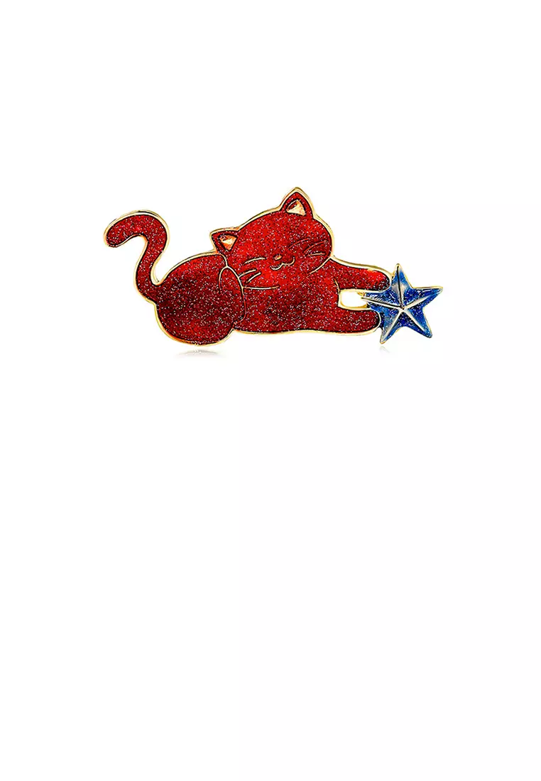 Jual Glamorousky Simple and Cute Plated Gold Enamel Red Cat Star Brooch ...