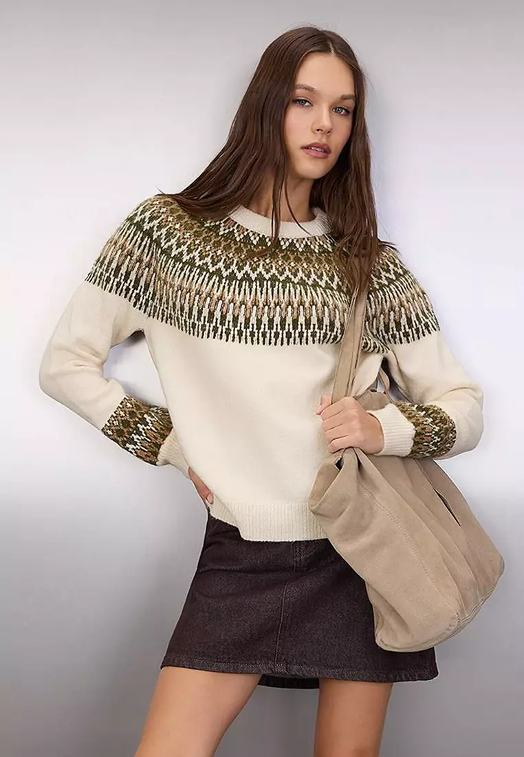 Buy Trendyol Stone Soft Texture Ethnic Patterned Knitwear Sweater 2026 ...
