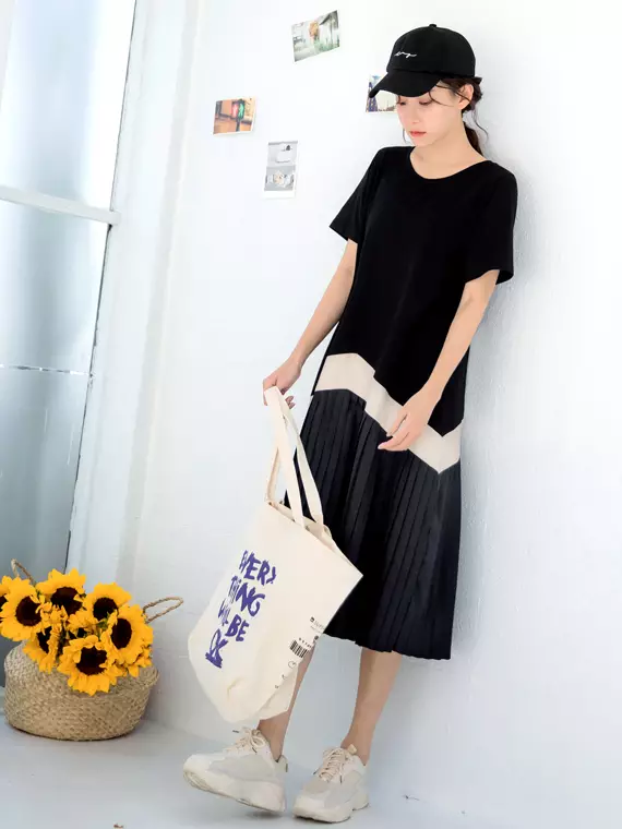 Buy OBSTYLE High Cotton Solid Color V-neck Patchwork Pleated Slim Long ...