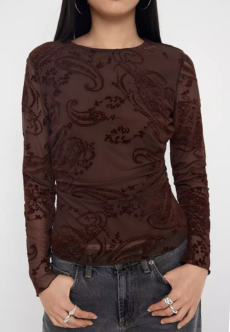 Buy Trendyol Brown Fitted/Flock Printed Tulle Long Sleeve Boat Neck ...