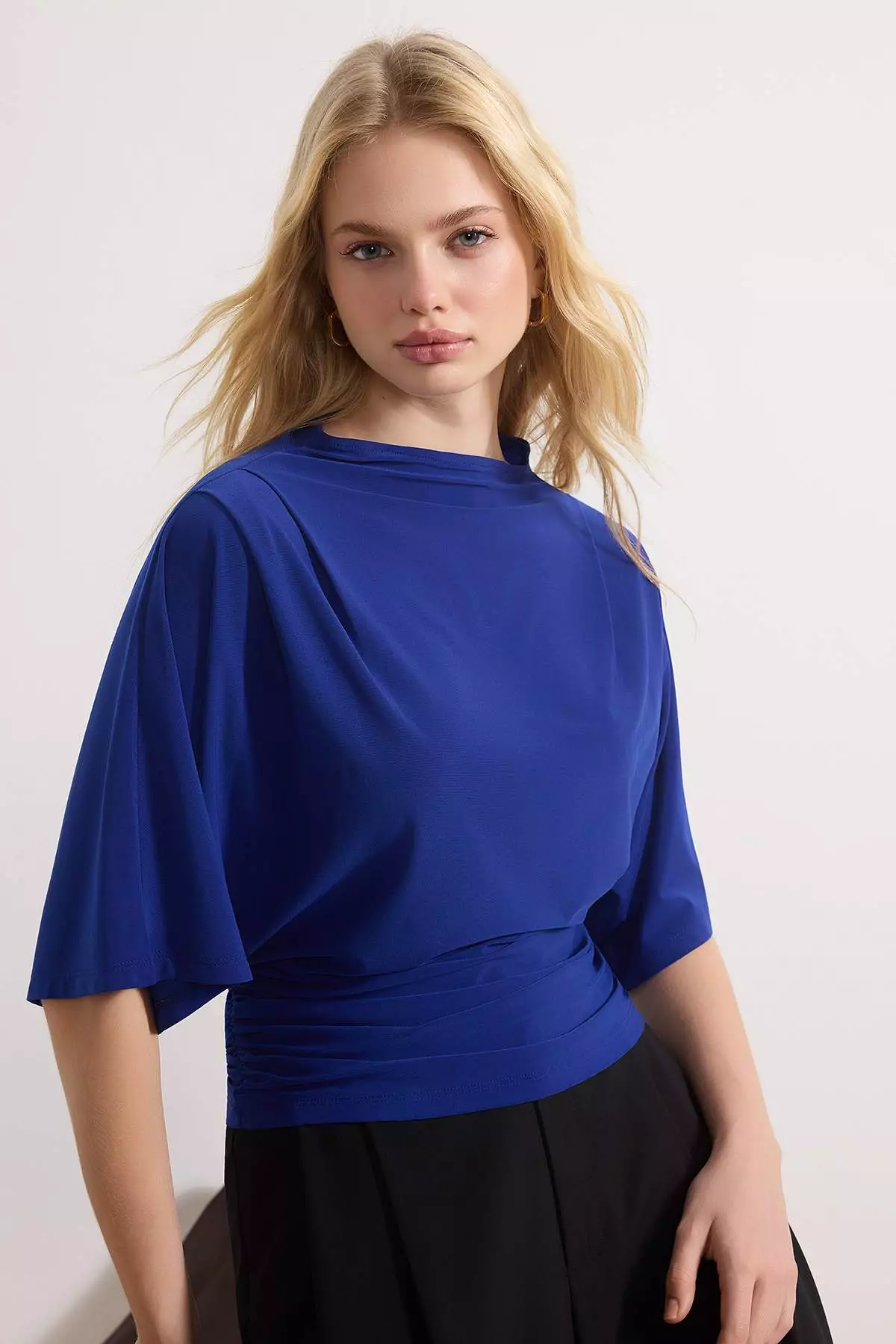 Buy Trendyol Cobalt Fitted/Bodycon Boat Neck Batwing Sleeve Short ...