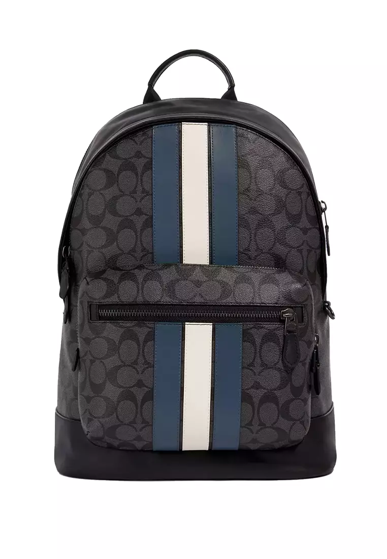 Coach West Backpack In Signature Canvas With Varsity Stripe Charcoal ...