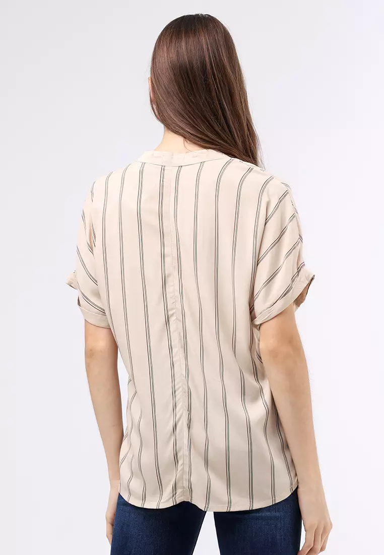 Buy Freego Ladies Woven Stripes Rayon Short Sleeve Blouse 2024 Online ...