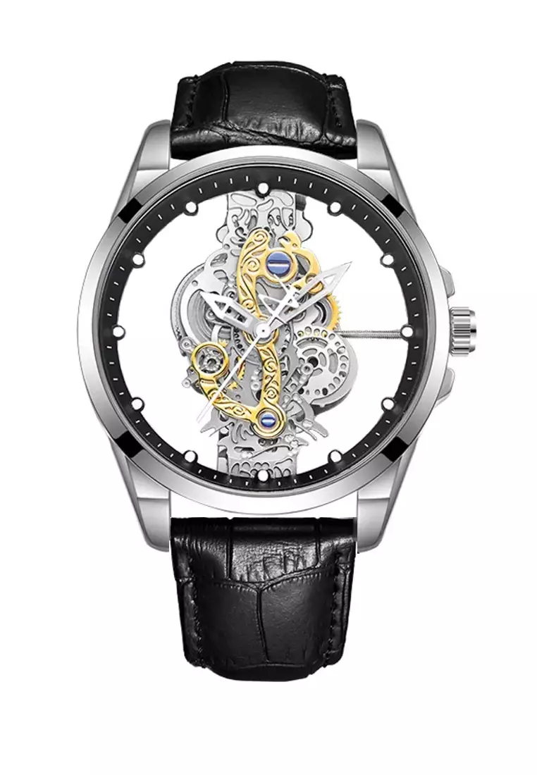 Buy EGLANTINE Round Skeleton Alloy Quartz Watch on Black Leather strap ...