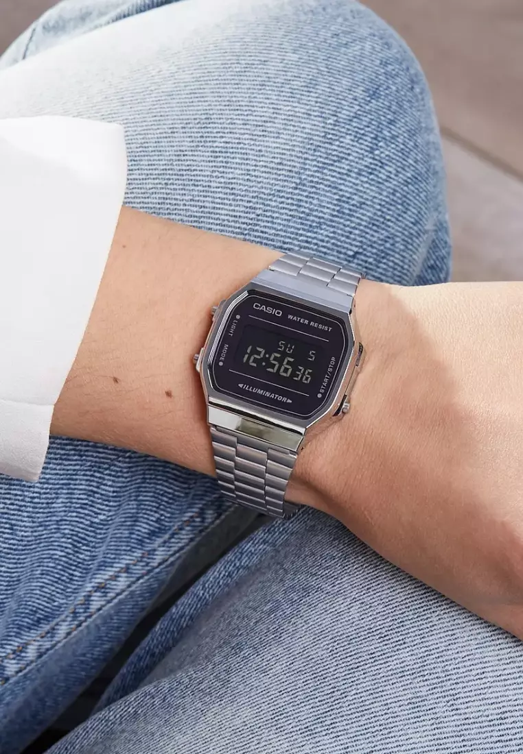 Buy Casio Casio Vintage Silver and Black Metal Watch (A168WEM-1VT ...