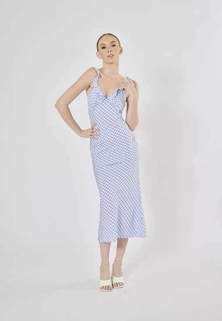Buy Love, Ara Aquila Sky Blue Plaid Bias Cut Midi Dress 2024 Online ...
