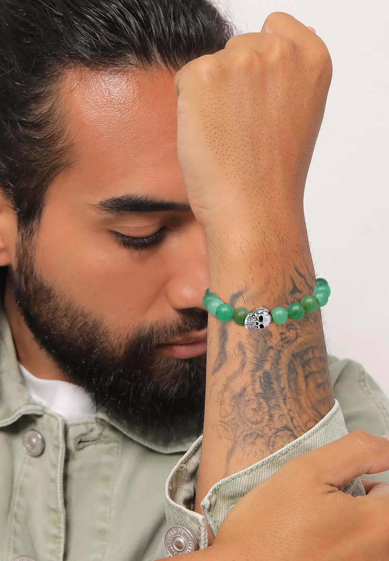 Buy Kuzzoi Men's Green Aventurine Bead Bracelet – Silver Skull Detail ...