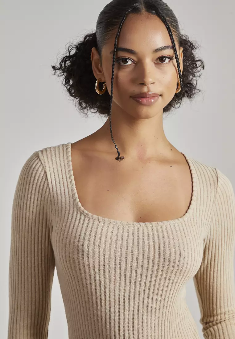 Buy Pink Vanilla Pink Vanilla Stone Chunky Rib Long Sleeved Square Neck ...