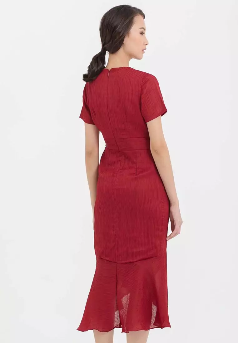 Jual Cloth Inc Pleat Overlap Ruffle Wrap Dress in Maroon Original 2024 ...