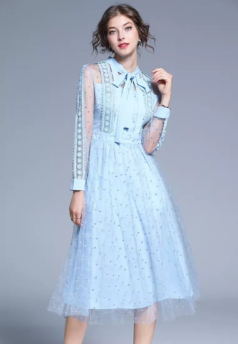 Buy Sunnydaysweety Light Blue See Through Sleeves One Piece Dress ...