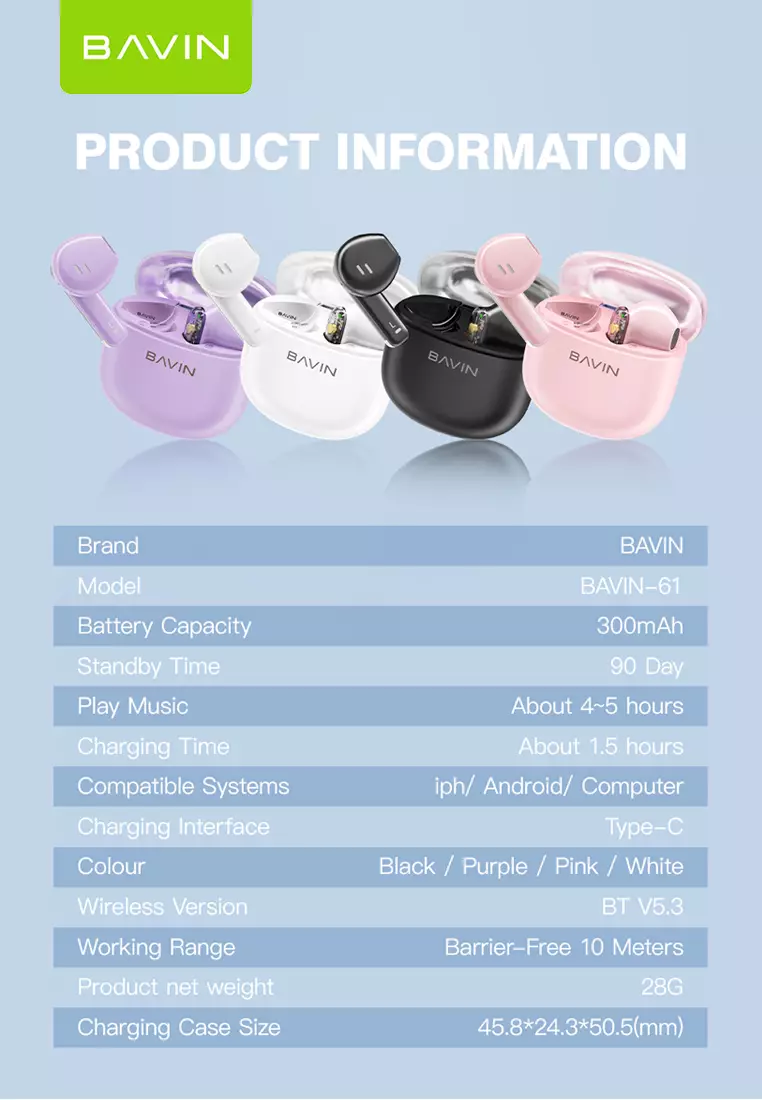 Buy BAVIN BA61 TWS Bluetooth Wireless Earbuds HiFi Sound Stereo Long ...