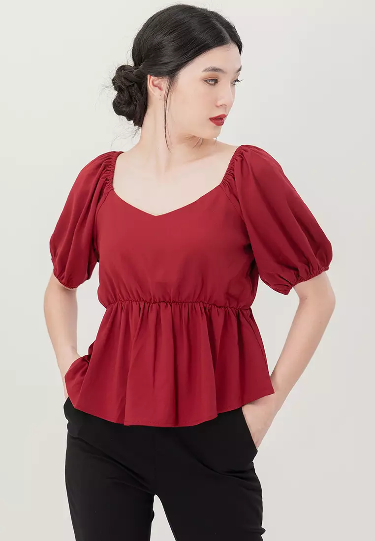 Buy Plain B. Plain B. Square Neckline Puff Sleeve Crop Top Red Online ...
