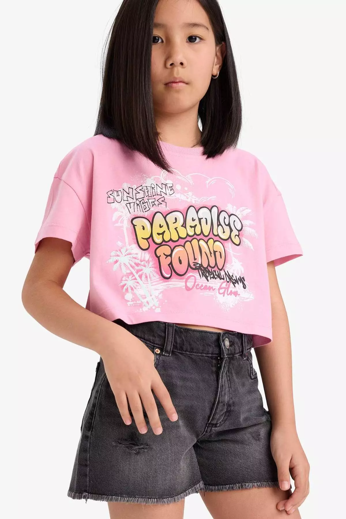 Buy DeFacto Girl's Crop Crew Neck Printed Short Sleeve T-Shirt ...