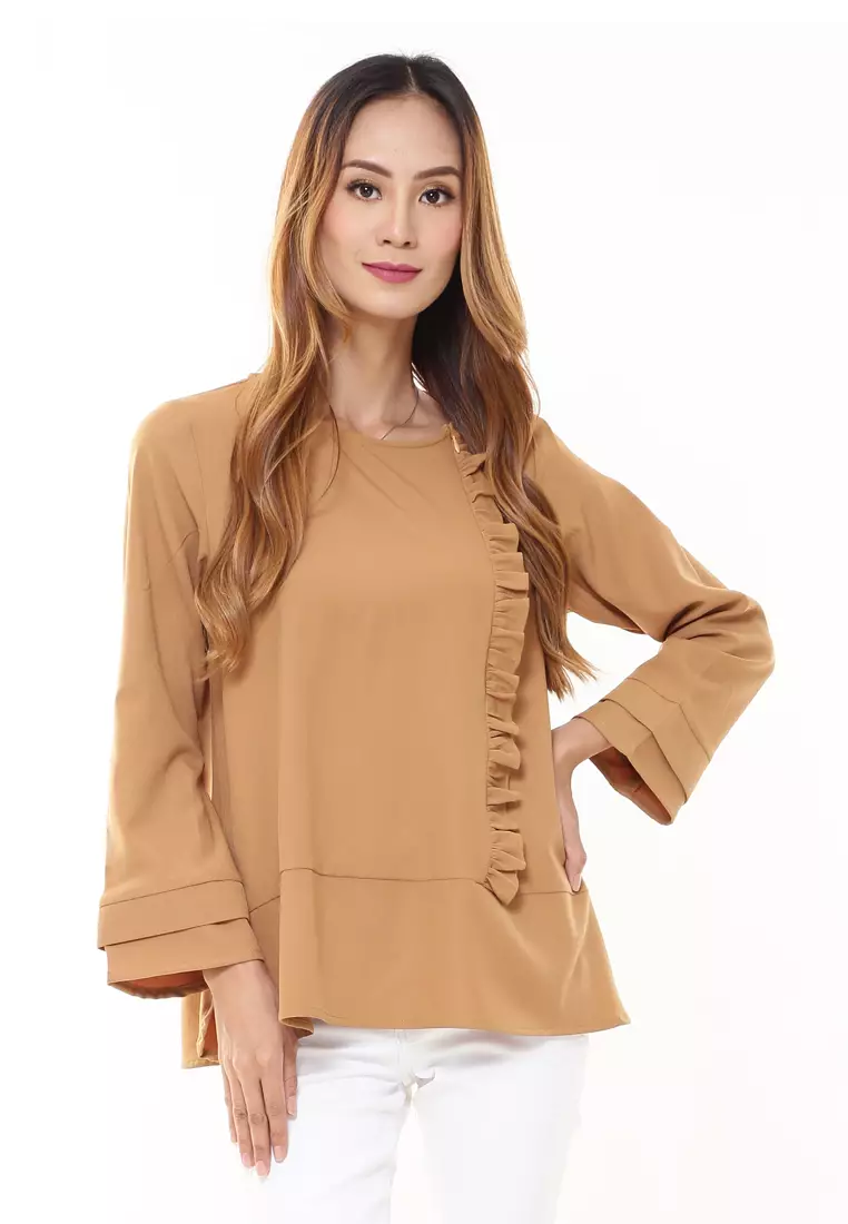 Buy Rina Nichie Basic Lydia Ruffles Top in Brown Online | ZALORA Malaysia