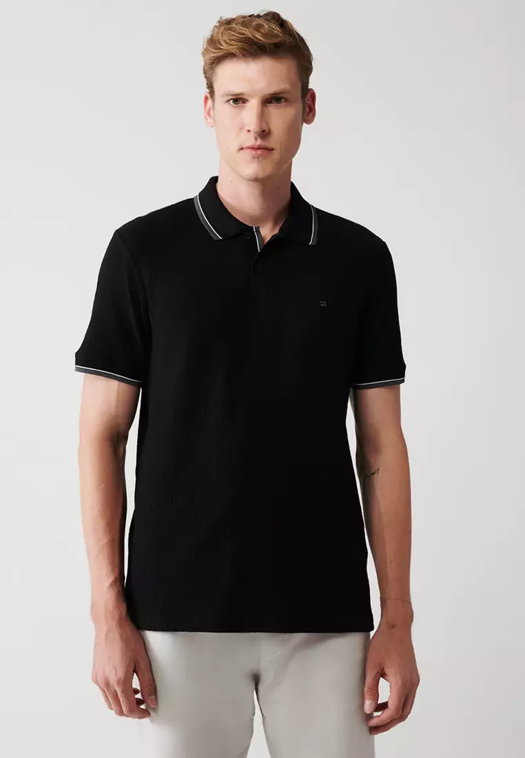 Jual Avva Mens Black Jacquard Regular Fit 2 Button Polo Neck T-shirt ...