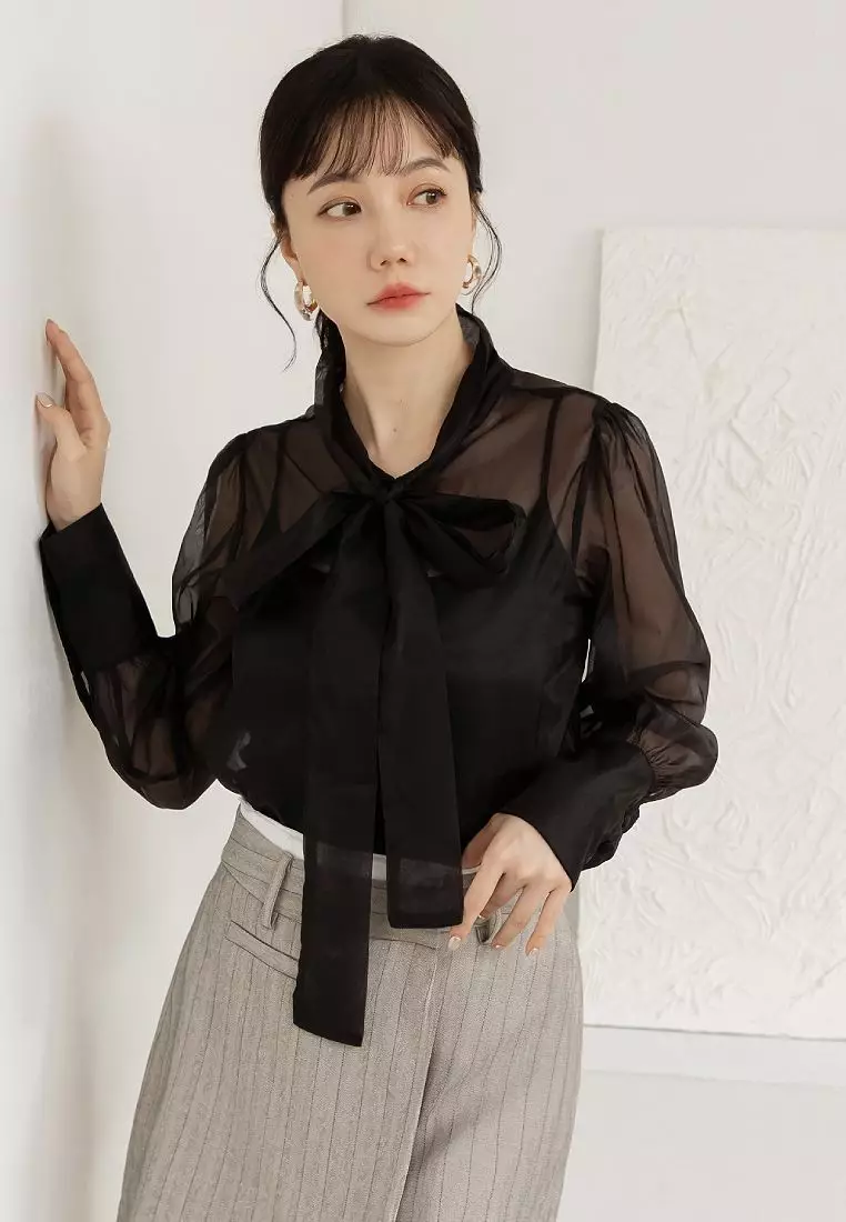 Buy OBSTYLE Sexy Sheer Mesh Open-Front Shirt with Front Tie Bow ...