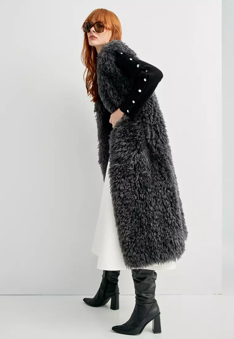Buy iROO Faux Fur Long Grey Vest 2025 Online | ZALORA