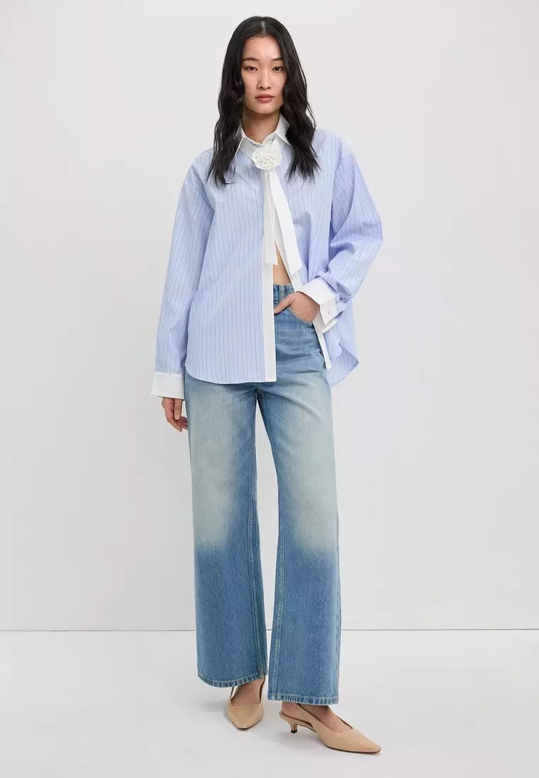 Buy Pomelo Oversized Pinstripe Shirt with Flower Necktie - Aqua Blue ...