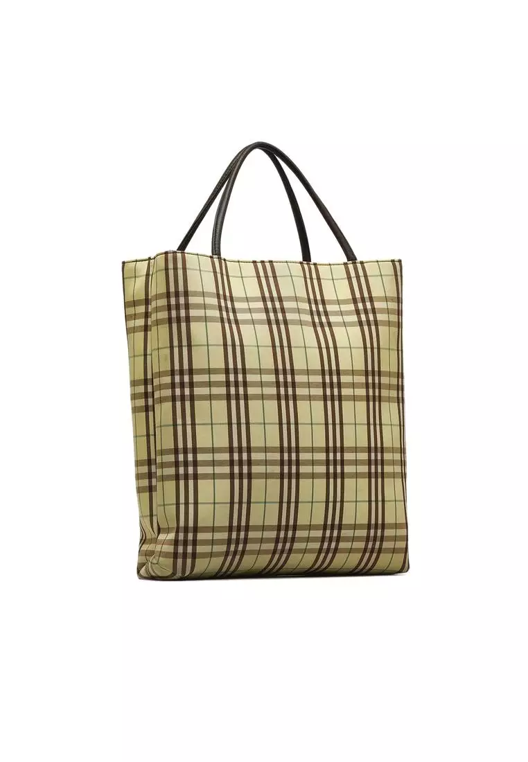Buy Burberry Pre-Loved Plaid Canvas Tote Bag with Rolled Leather ...