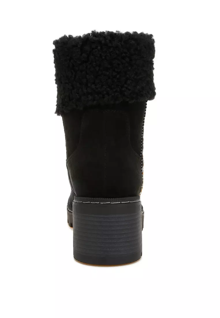Buy London Rag Faux Fur & Embroidery Detail Boots in Black 2025 Online ...