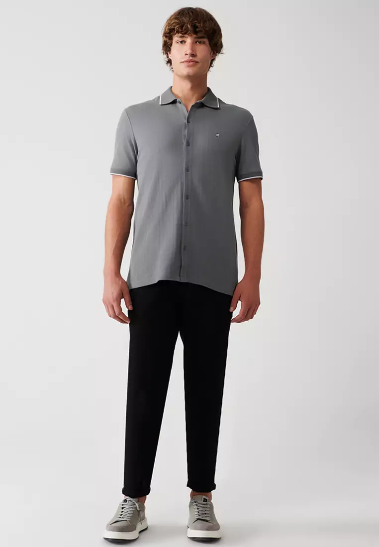 Buy Avva Mens Gray Ribbed Jacquard Short Sleeve Knitted Regular Fit ...