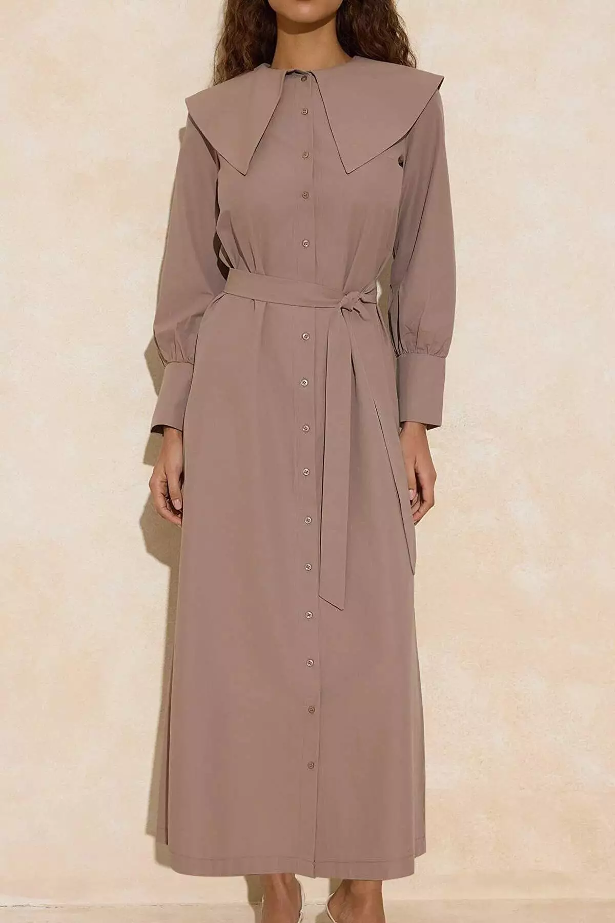 Buy Trendyol Mink Large Collar Cuff Lace-Up Cotton Dress Tctss26Eb00001 ...