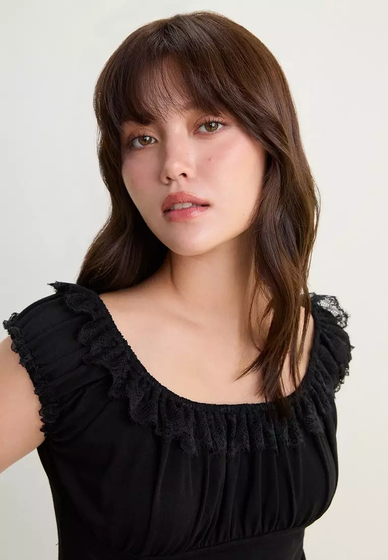 Buy Pomelo Ruffle Trim Wide Neck Top - Black 2026 Online | ZALORA