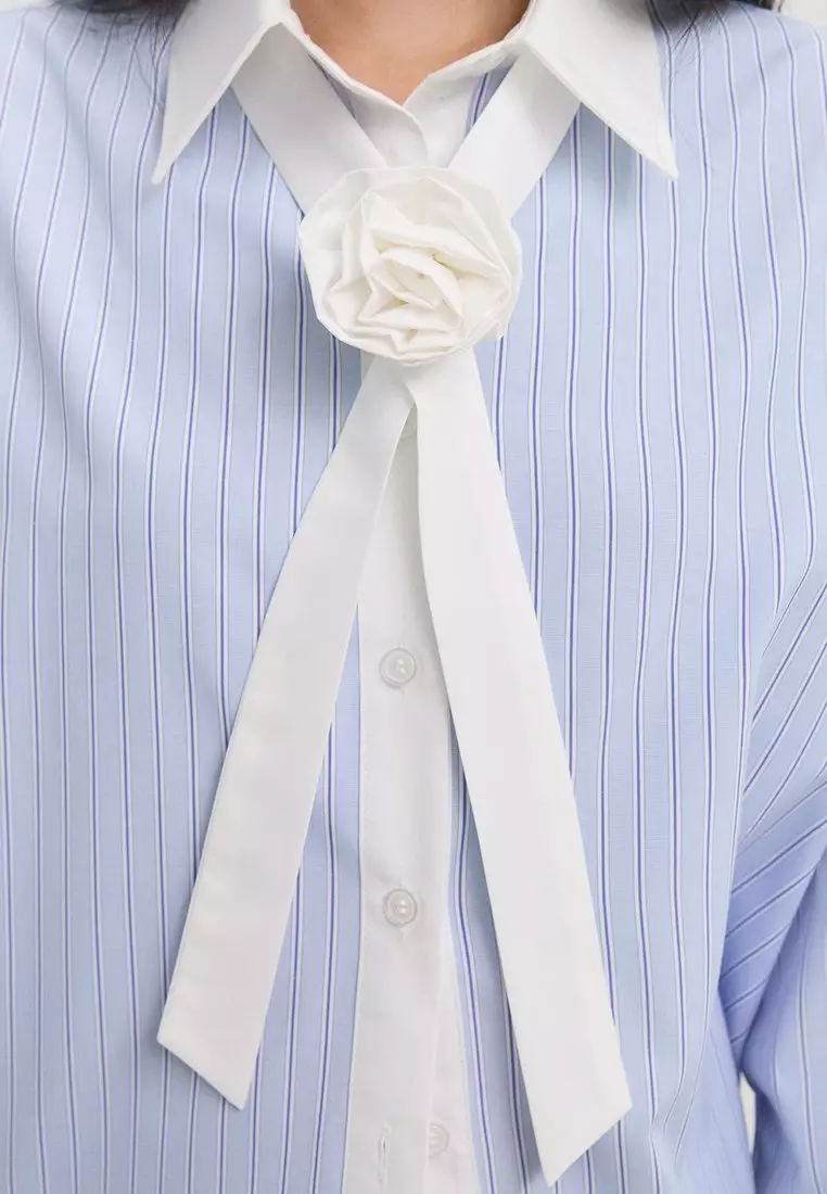 Buy Pomelo Oversized Pinstripe Shirt with Flower Necktie - Aqua Blue ...