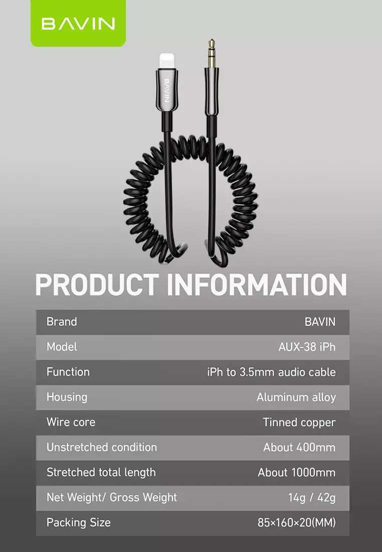 Buy BAVIN BAVIN AUX38 3.5mm To iPh Aux Converter Spring Expansion Wire ...