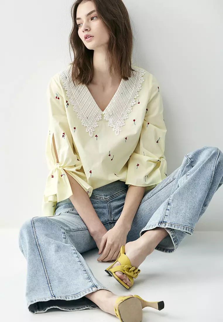 Buy iROO Floral Embroidered Top With Cut Out Lace Collar 2026 Online ...
