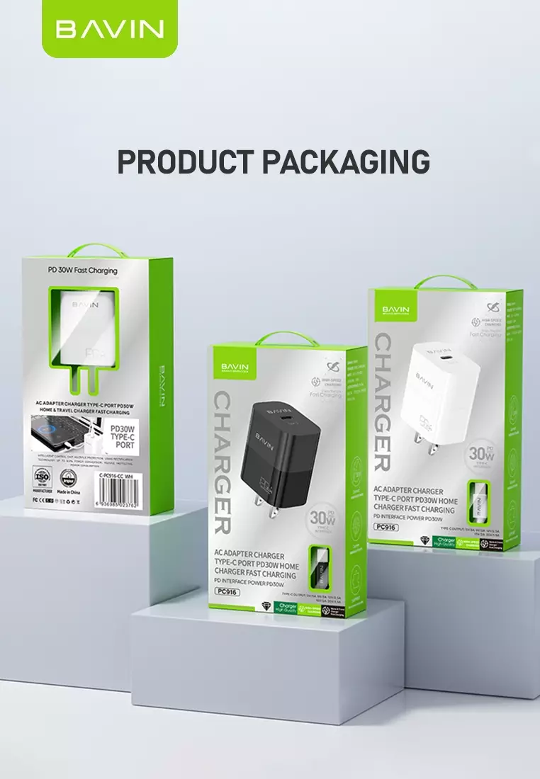 Buy BAVIN PC916 30W PD Universal Fast Charging Wall Charger w/ Type-C to iPhone Charging Cables ...