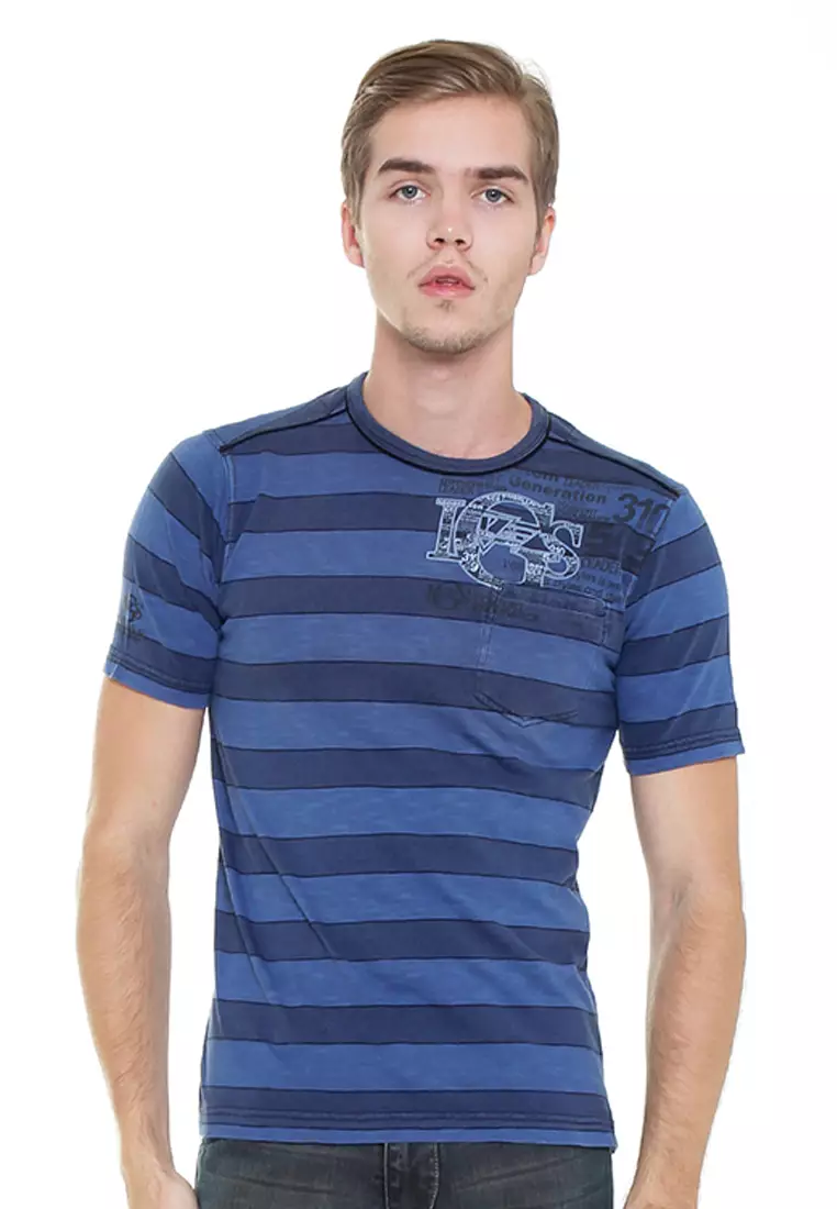 Jual Lgs Lgs Kaos Casual Lengan Pendek Motif Salur Biru