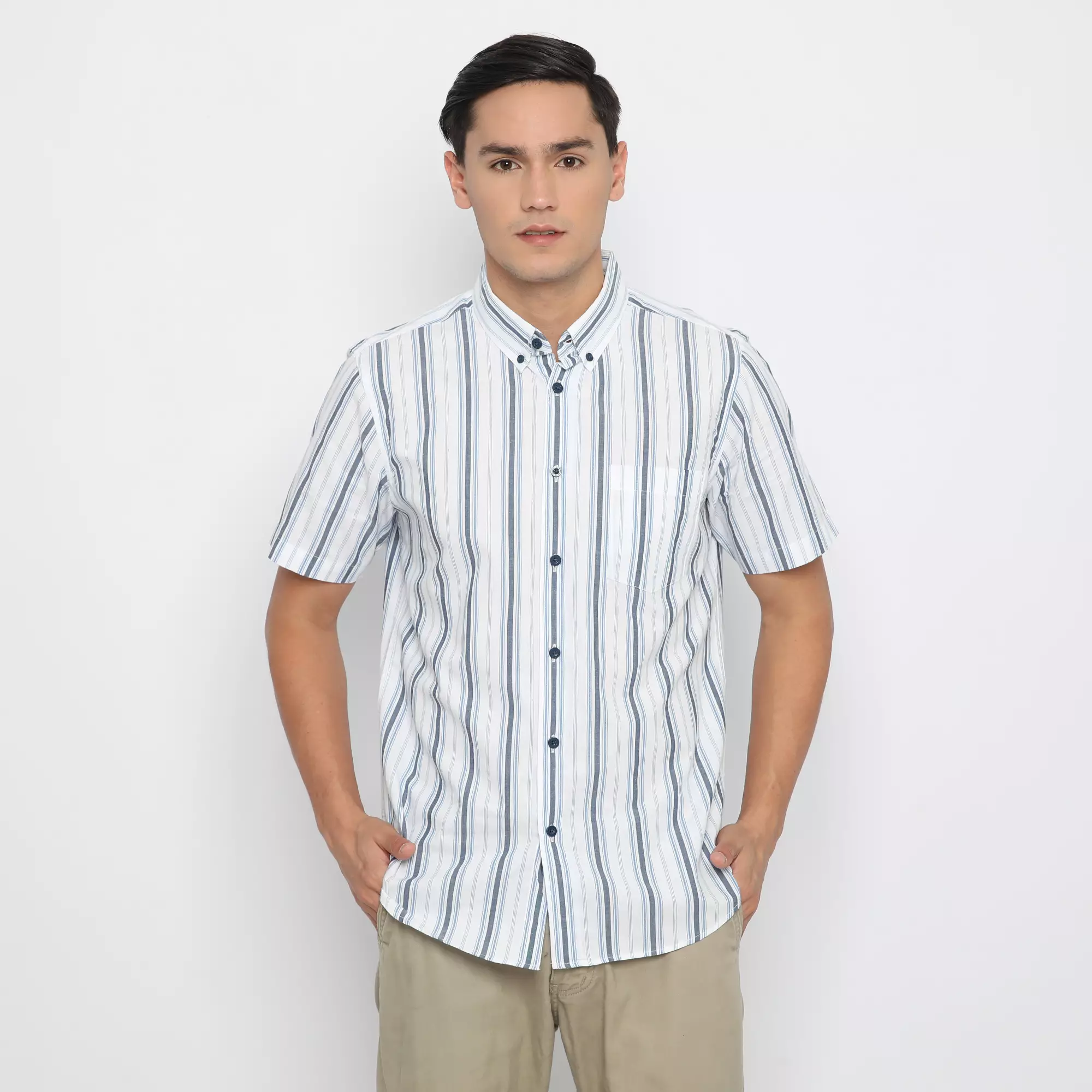Jual Platini Platini Kemeja Garis Pria Lengan Pendek Katun Yarndyed Dobby 73295 Biru Original ...