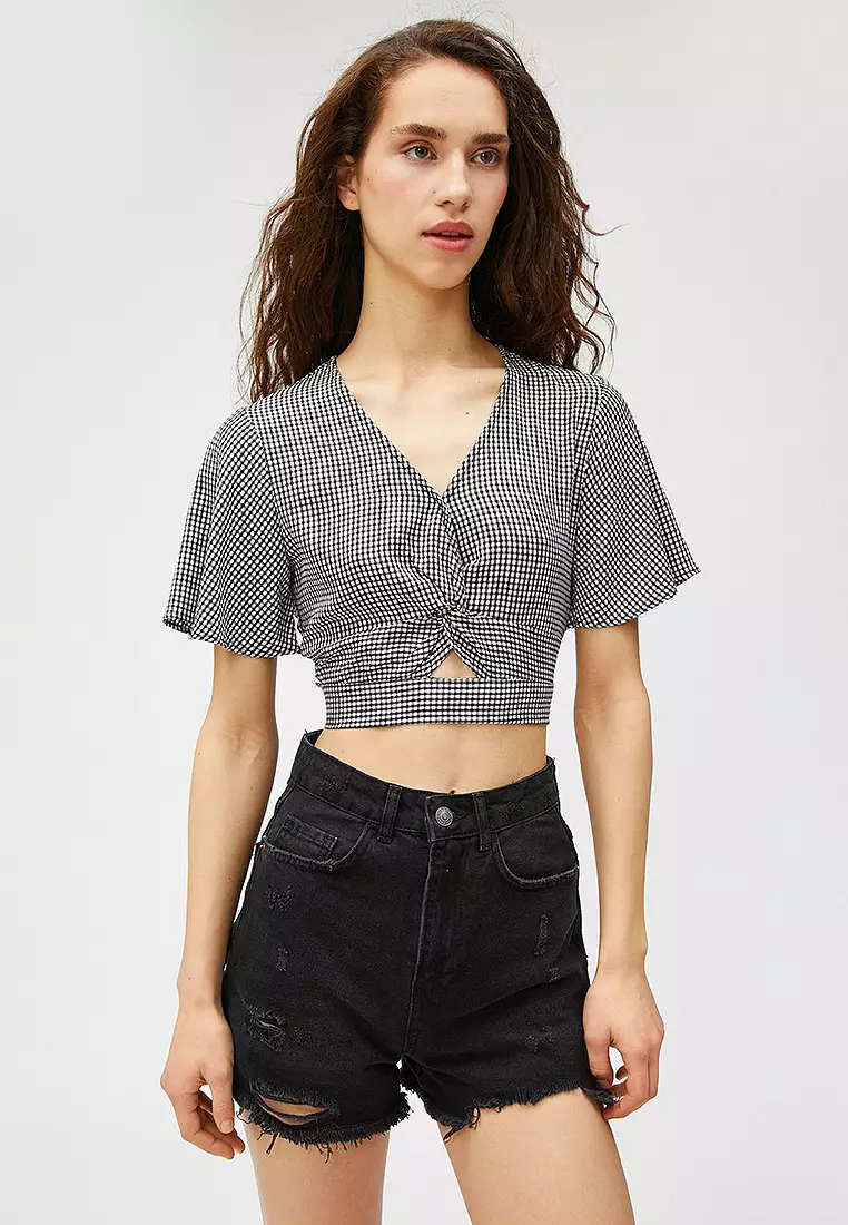 Jual KOTON Crop Blouse V Neck Window Detailed V Neck Original 2025 ...