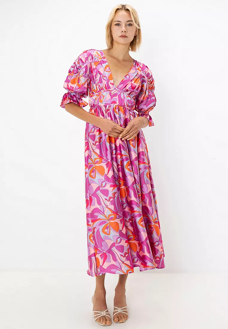 Jual ASOS Design Satin Gathered Detail Plunge Neck Midi Dress Original ...