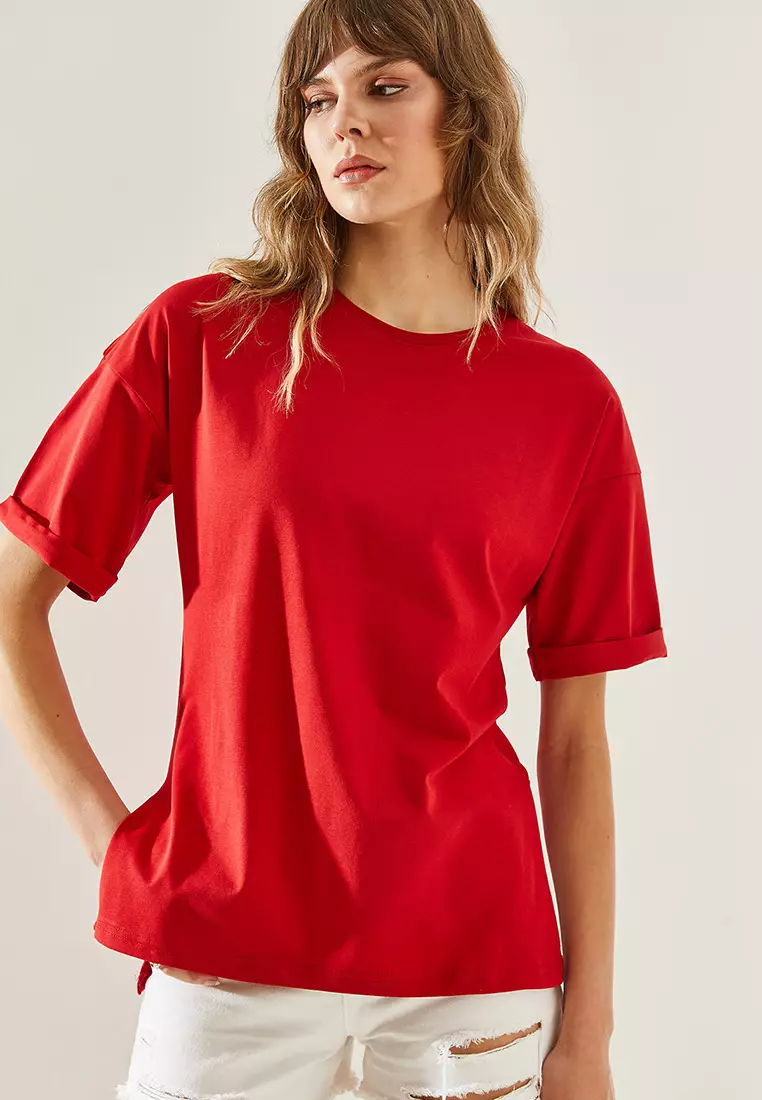 Buy Bianco Lucci Side Slit Sleeve Folding Detailed Crew Neck Short Sleeve Basic T-Shirt 2025 ...